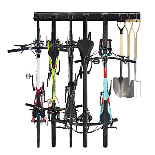 Bike Storage Rack, Wall Mount Bike Storage Hanger 5 Bicycles Hooks, Heavy Duty Bicycles and Tools Hanger Indoor Space Saving for Home and Garage Shed Storage System
