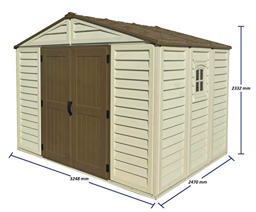 Duramax 0638801402145 Woodbridge Plus 10.5 x 8 Plastic Garden Shed with Foundation Kit & Fixed Window Brown-15 Years Warranty, 10x8, Brown & Ivory