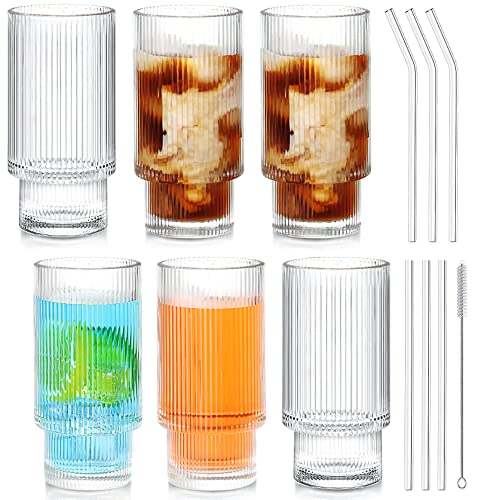 MITINGKA Ribbed Glassware, Ribbed Glasses 12oz, Ribbed Glass Cups with Straws, Vintage Glassware Fluted Glassware, Drinking Glasses Set of 6, Iced Coffee Cup for Cocktail, Decor, Gift