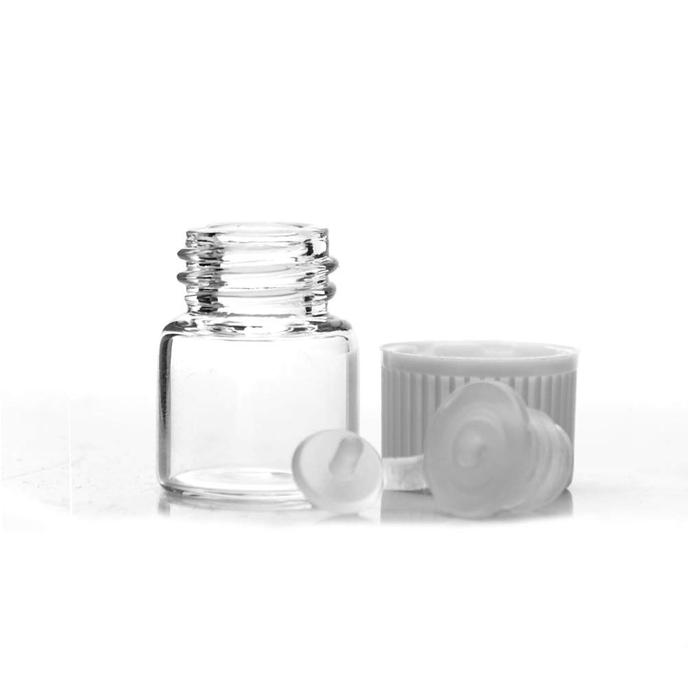 Enslz Oil Bottles for Essential Oils 50 Pcs 1 ml (1/4 Dram) Transparent Glass Vials Bottles, with Orifice Reducers and White Caps, 0.5ml 2 pcs Pipettes Droppers for Essential Oils Aromatherapy with