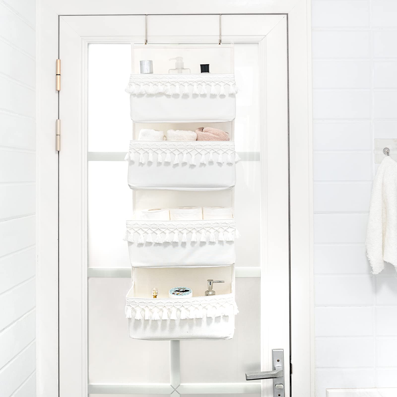 Dahey Over The Door Organizer with 4 Pockets and Macrame Hanging Laundry Hamper Bag Boho Door Storage for Pantry, Closet, Nursery, Bathroom, Bedroom, Dorm, White