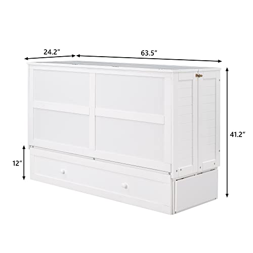 MOEO Queen Size Mobile Murphy Bed with Storage Drawer, Wood Bedframe w/Little Shelves on Each Side, Can Convert to Cabinet for Guest Room Home Office, White