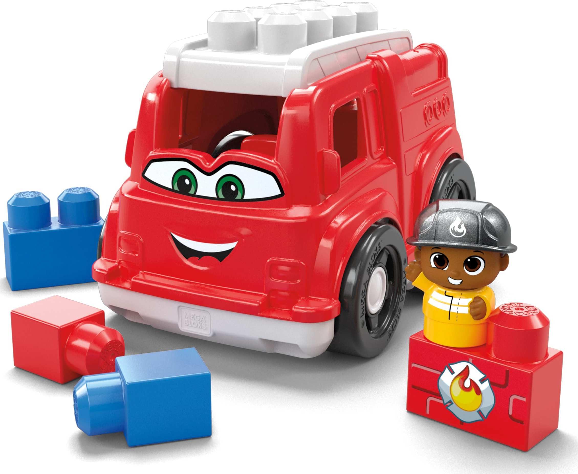 Mega BLOKS First Builders Toddler Building Blocks Toy Set, Freddy Firetruck with 6 Pieces and Storage, 1 Figure, Red, Ages 1+ Years