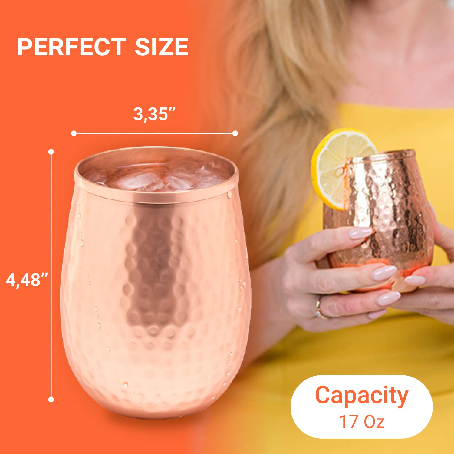 Copper wine glasses set of 4 β 17oz gleaming 100% solid hammered copper stemless wine cups β Valent for men and women β great copper tumblers for red or white wine and Moscow mules.
