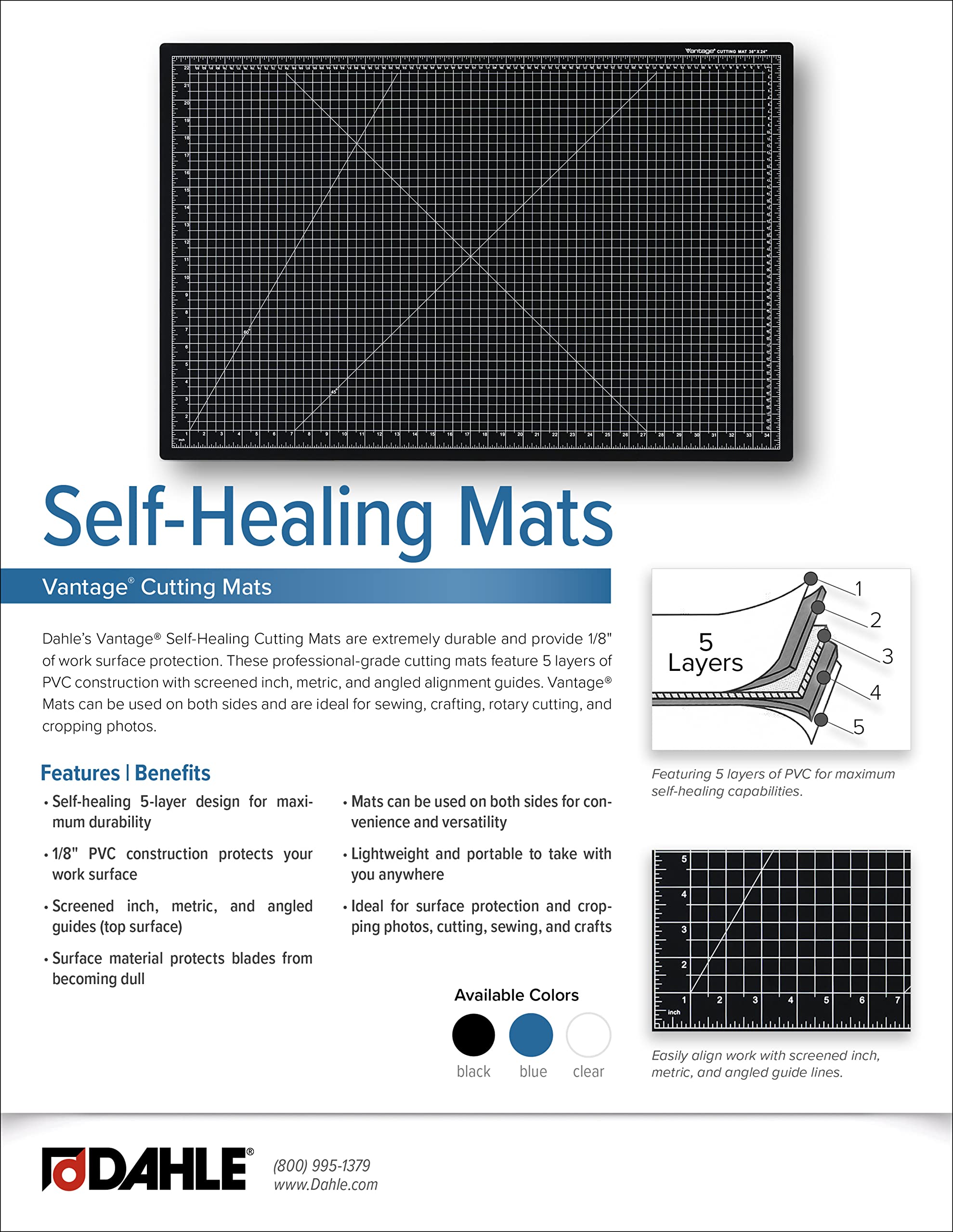 Dahle Vantage 10673 Premium Self-Healing Cutting Mat, 24"x36", 1/2" Grid, 5 Layers for Max Healing, Perfect for Crafts & Sewing, Black