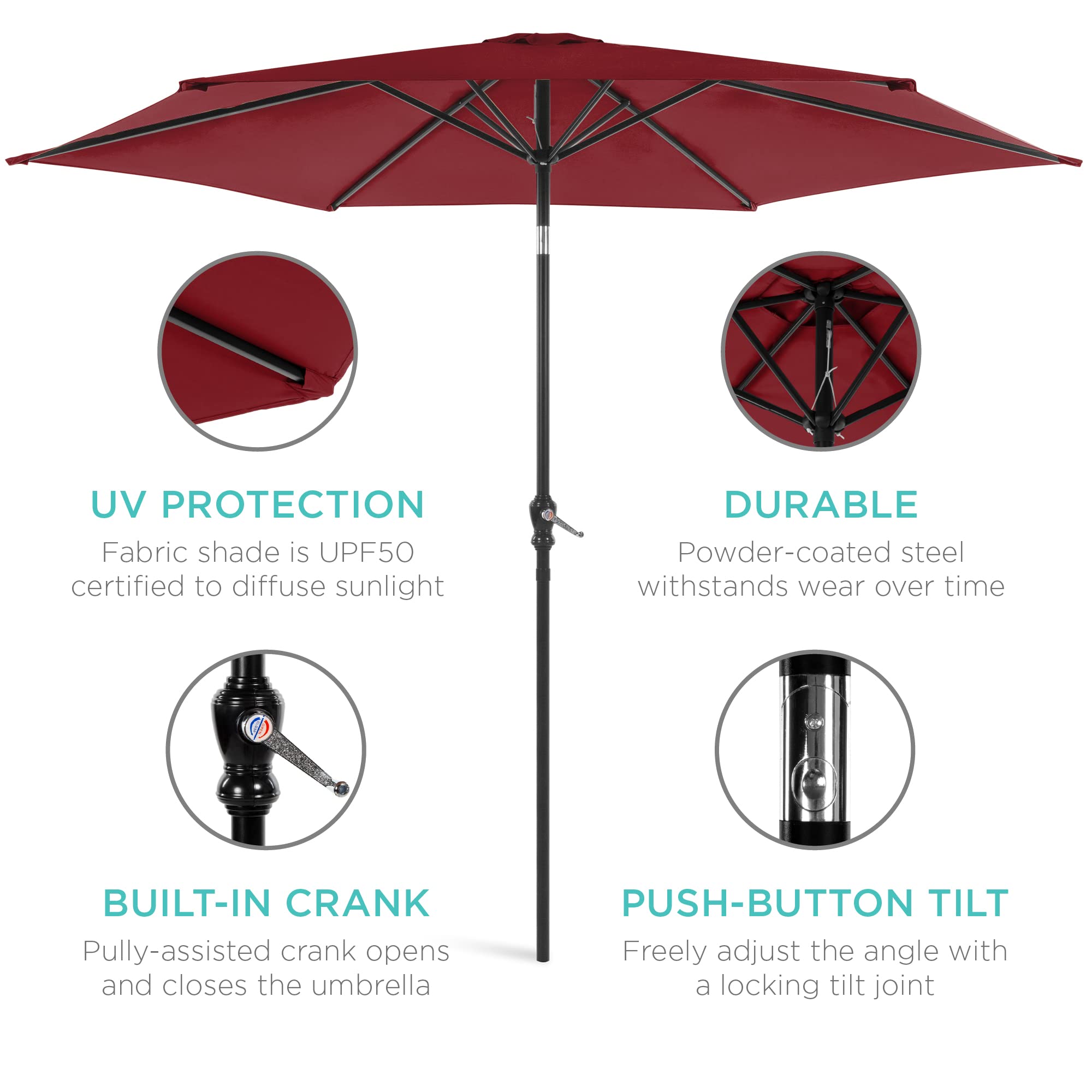 Best Choice Products 10ft Outdoor Steel Polyester Market Patio Umbrella w/Crank, Easy Push Button, Tilt, Table Compatible - Red