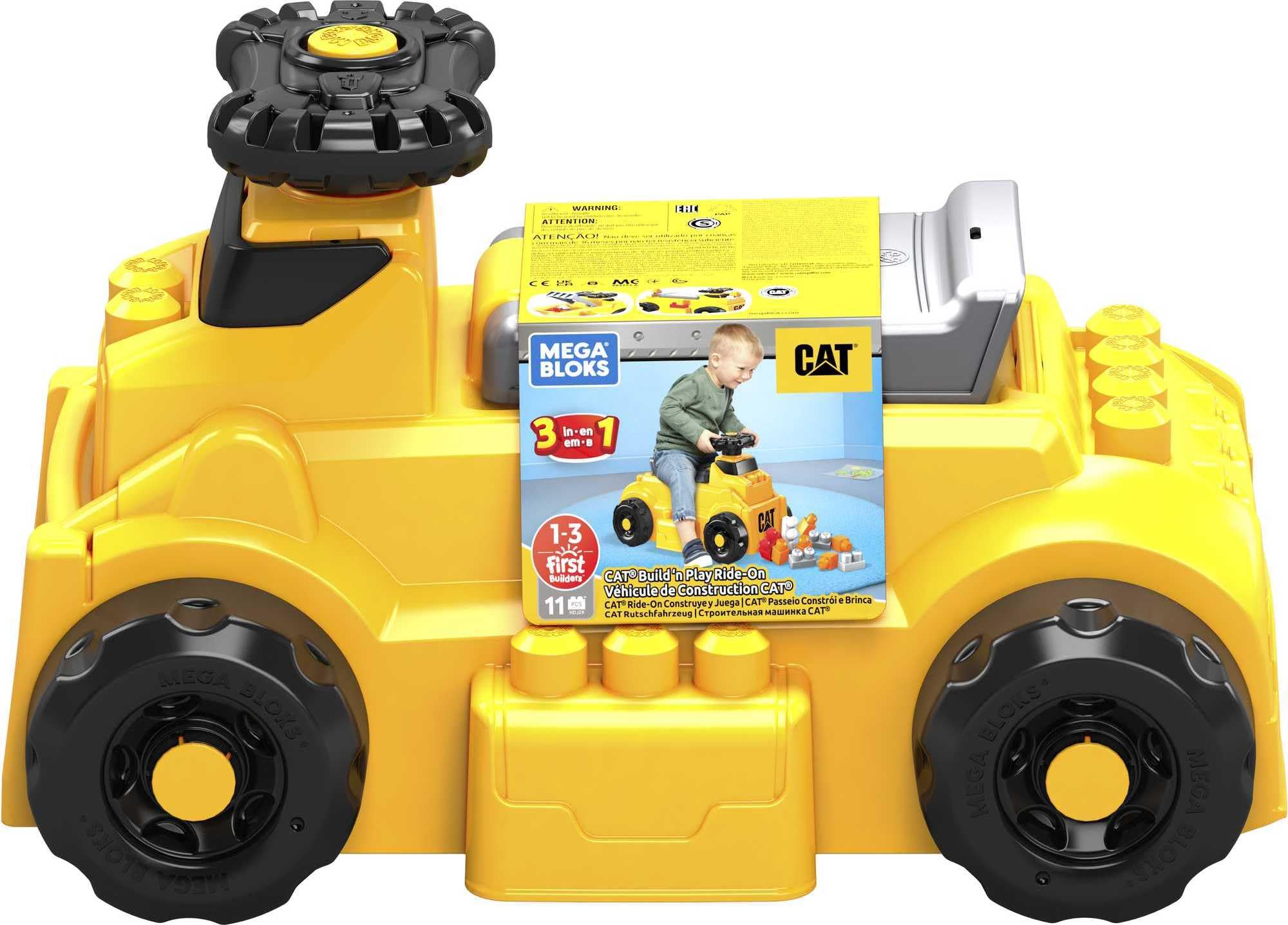 MEGA BLOKS First Builders Cat Toddler Building Blocks Toy Set, Build ‘n Play Ride-On with 11 Pieces and Storage, Yellow, Ages 1+ Years