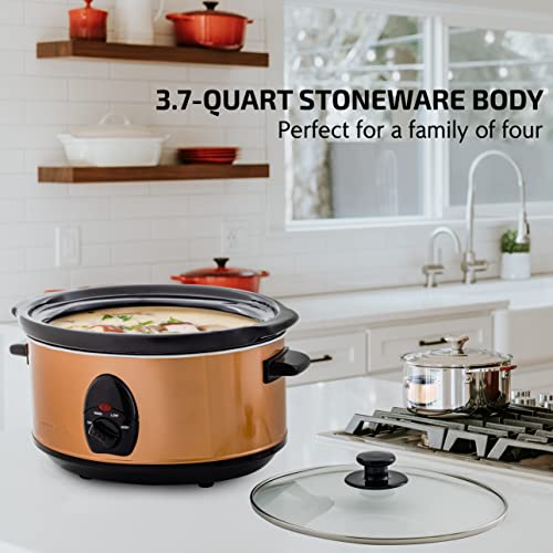 OVENTE Electric Slow Cooker with 3.7 Qt Ceramic Pot and 3 Cooking Settings, Dishwasher-Safe Stoneware, Tempered Glass Lid, Portable Multicooker Perfect for Soups Sauces Stews & Dips, Copper SLO35ACO1