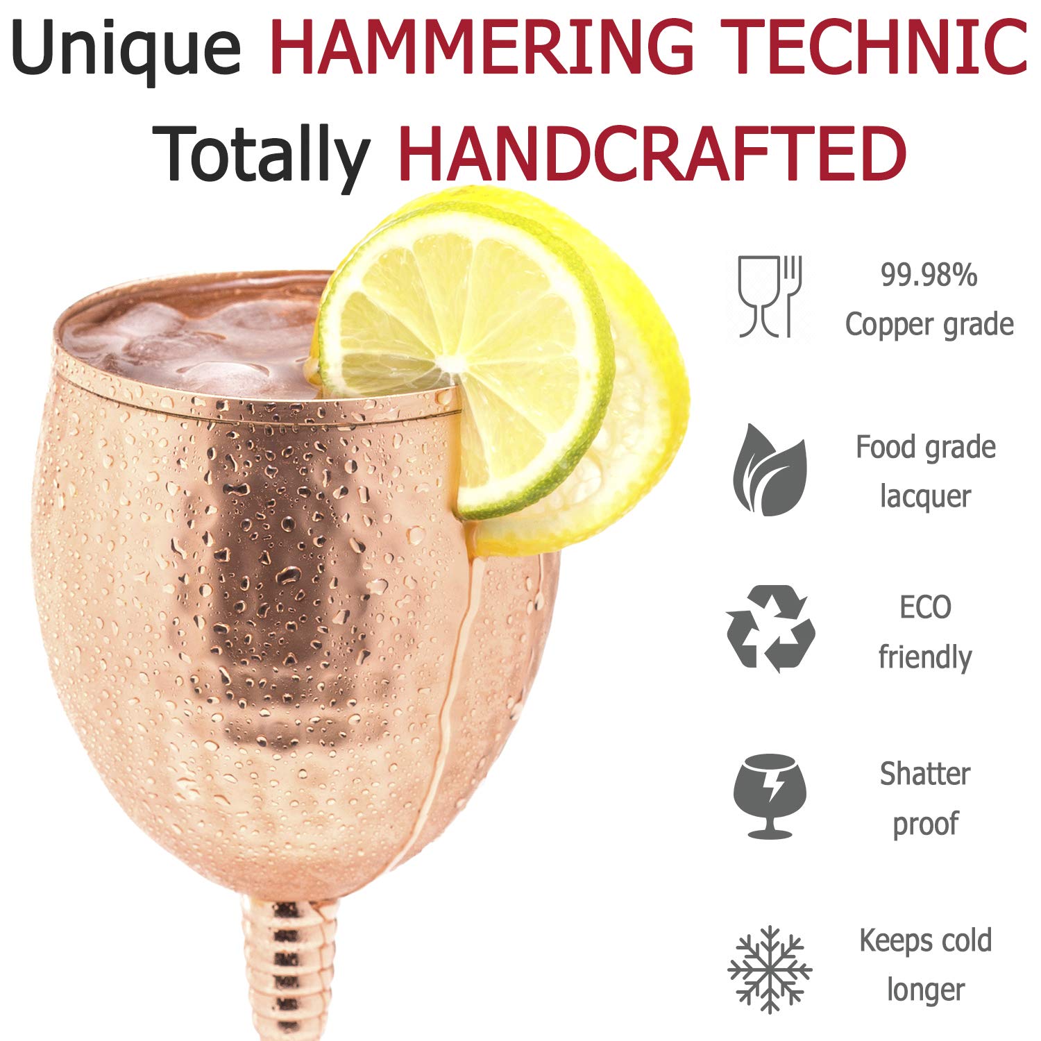 Copper wine glasses set of 2 β 11oz gleaming 100% solid hammered copper wine cups on brass copper plated stems β a gift for men and women β great glasses for red or white wine and Moscow mules