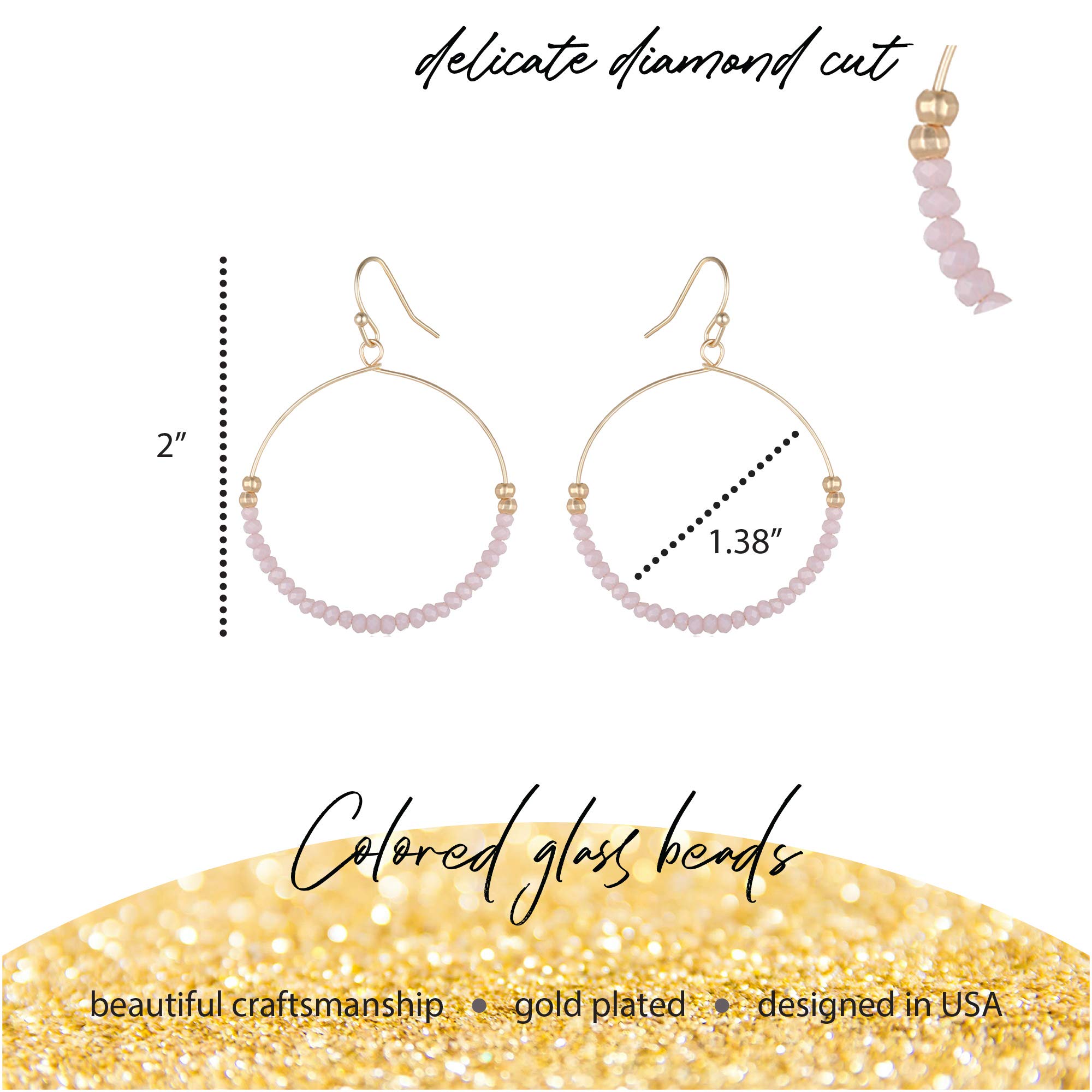 Bohemian Boho Round Circle Hoop Dangle Drop Earrings for Women – Delicate - Handcrafted – Colorful Faceted Glass Beads – Gold Plated – with Gift Box Included (White Opal)