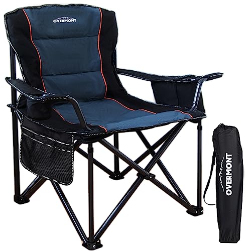 Overmont Oversized Camping Folding Chair Heavy Duty Steel Frame Collapsible Padded Arm Chair with Cup Holder Cooler Pocket Quad Lumbar Back, Portable for Outdoor Beach Fishing Support 385 LBS