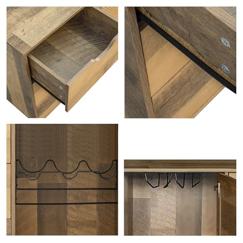 GIA Home Furniture Series Boho Rattan Sideboard with 2 Door &3 Drawers,Buffet Storage Cabinets with Adjustable Shelving and Wine Rack for Living & Dining Room,Black Metal Frame, Oak Finish