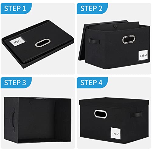 LHZK Large Storage Bins with Lids 6 Pack, Linen Fabric Storage Boxes with Lids, Foldable Storage Baskets with 3 Handles and Label Window for Shelves Bedroom Closet Office (15.75x11.8x10.2,Black,Beige)