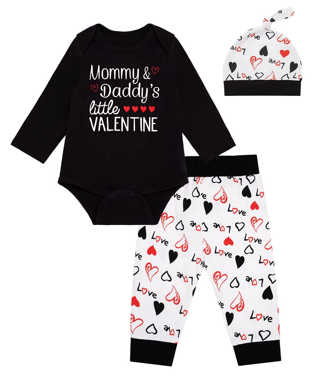 LENSOUS Newborn Infant Baby Boys Girls Mommy&Daddy's Little Valentine Outfits Romper Pants Set(Black,6-12Months)