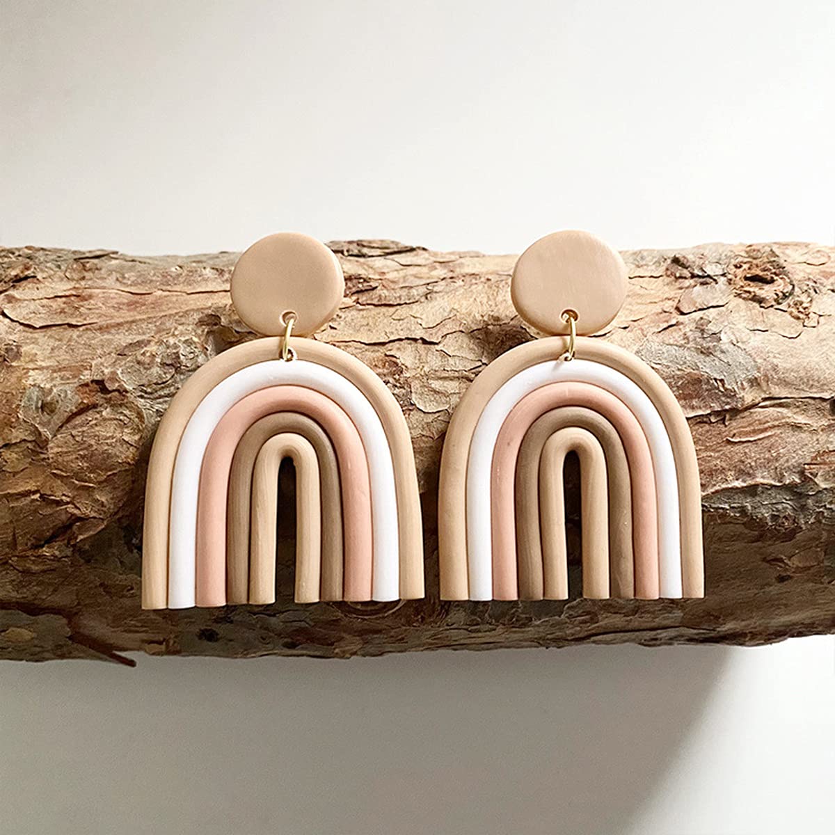 Bohemian Layered Polymer Clay U Shape Rainbow Earrings Lightweight Statement Thick Chunky Rainbow Handmade Ceramic Clay Dangle Earrings for Women Birthday Jewelry Gift-E brown