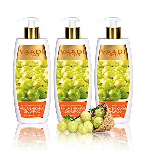 Vaadi Herbals Amla with Shikakai & Reetha Shampoo - Hair Fall and Damage Control Shampoo - ALL Natural - Paraben Free - Sulfate Free- Suitable for All Hair Types - Value Pack of 3 X 11.8 Oz