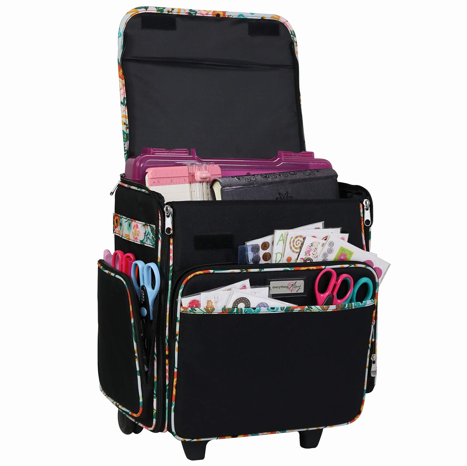 Everything Mary Black & Floral Rolling Scrapbook Storage Tote - Scrapbooking Storage Case for Rings, Paper, Binder, Crafts, Beads, Scissors - Telescoping Handle with Dual Wheels