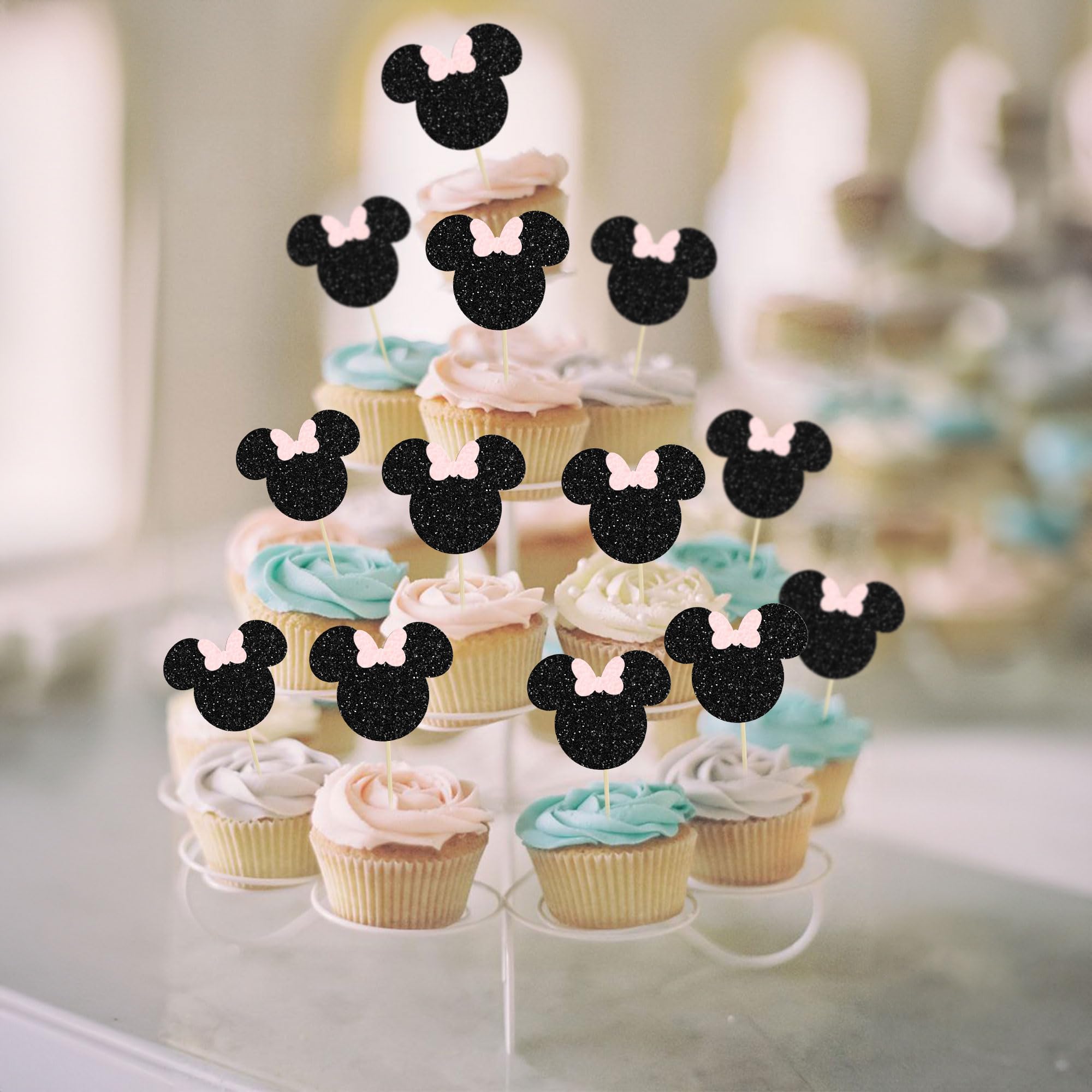 Gyufise Mouse Inspired Cupcake Toppers with Bow Black and Pink Glitter Mouse Cupcake Picks Baby Shower Wedding Kids Birthday Party Cake Decorations Supplies 36 Pack