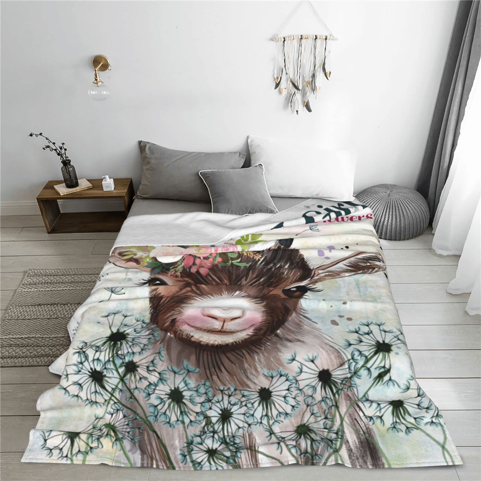 Just A Girl Who Loves Goats Flowers Throw Blanket Flannel Plush Soft Warm Blankets 50"X40" for Kids Adults Gift Sofa Chair Bed Office
