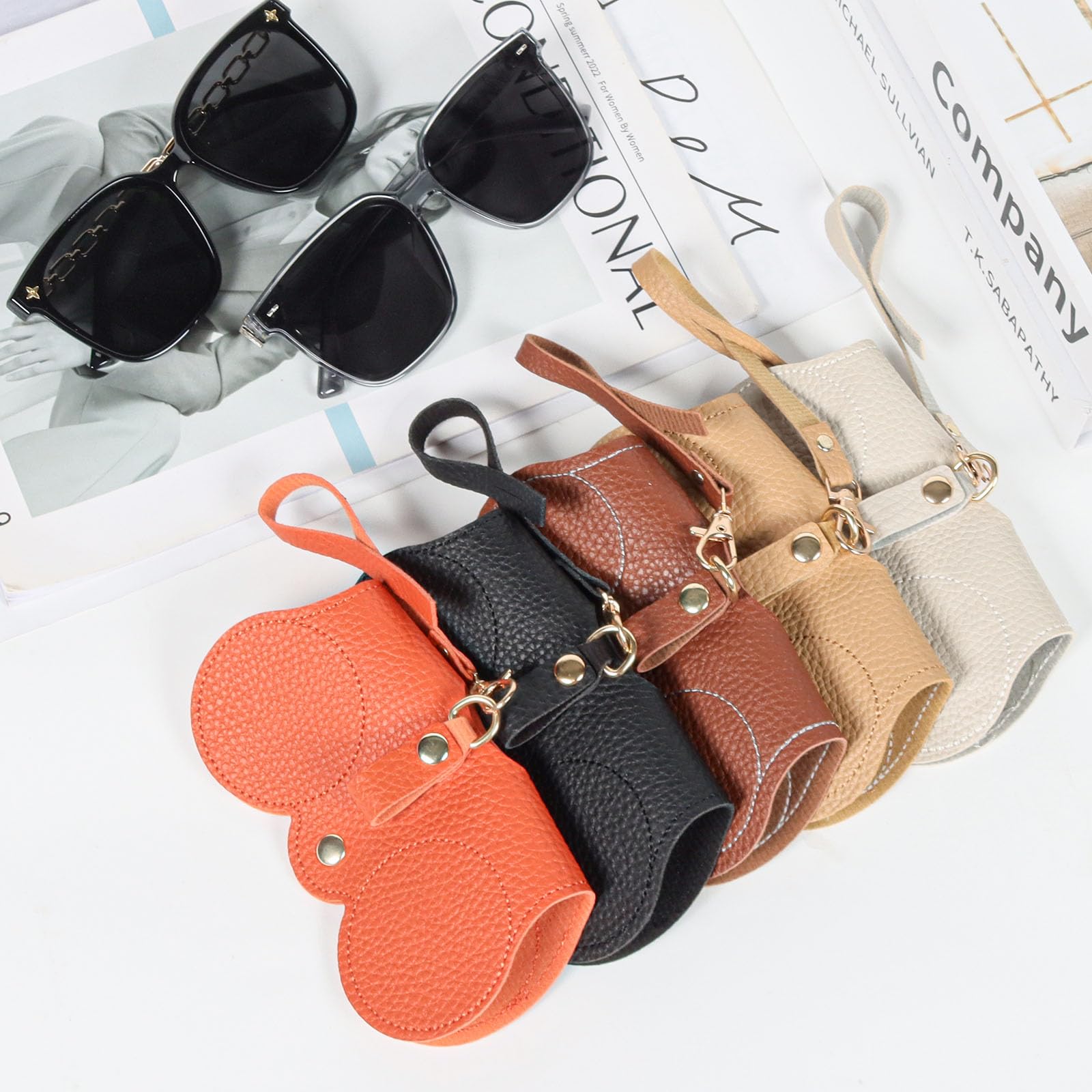 Chfory Soft Leather Sunglasses Bag, Portable Leather Glasses Case Holder Sunglasses Pouch, glasses Organizer Bag with Strap (Black+Orange+Brown+Gray+Coffee)
