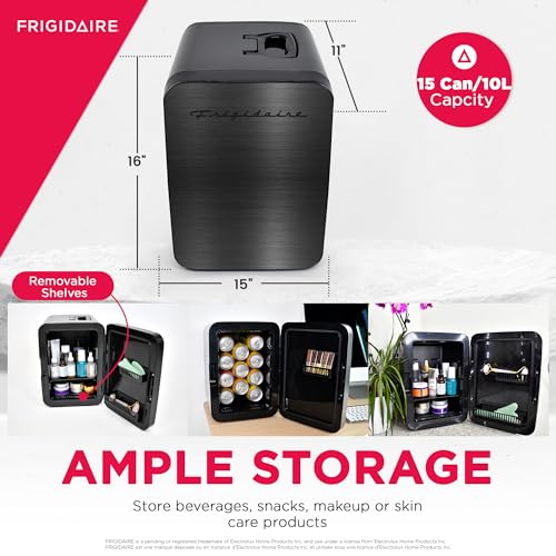 Frigidaire Mini Personal Fridge Cooler, Countertop, Holds Up to 10L/15 Cans, Brushed Black Stainless Rugged Design, Portable for Skincare, Makeup, Car, Office, Bedroom, Dorm Room, or Cabin