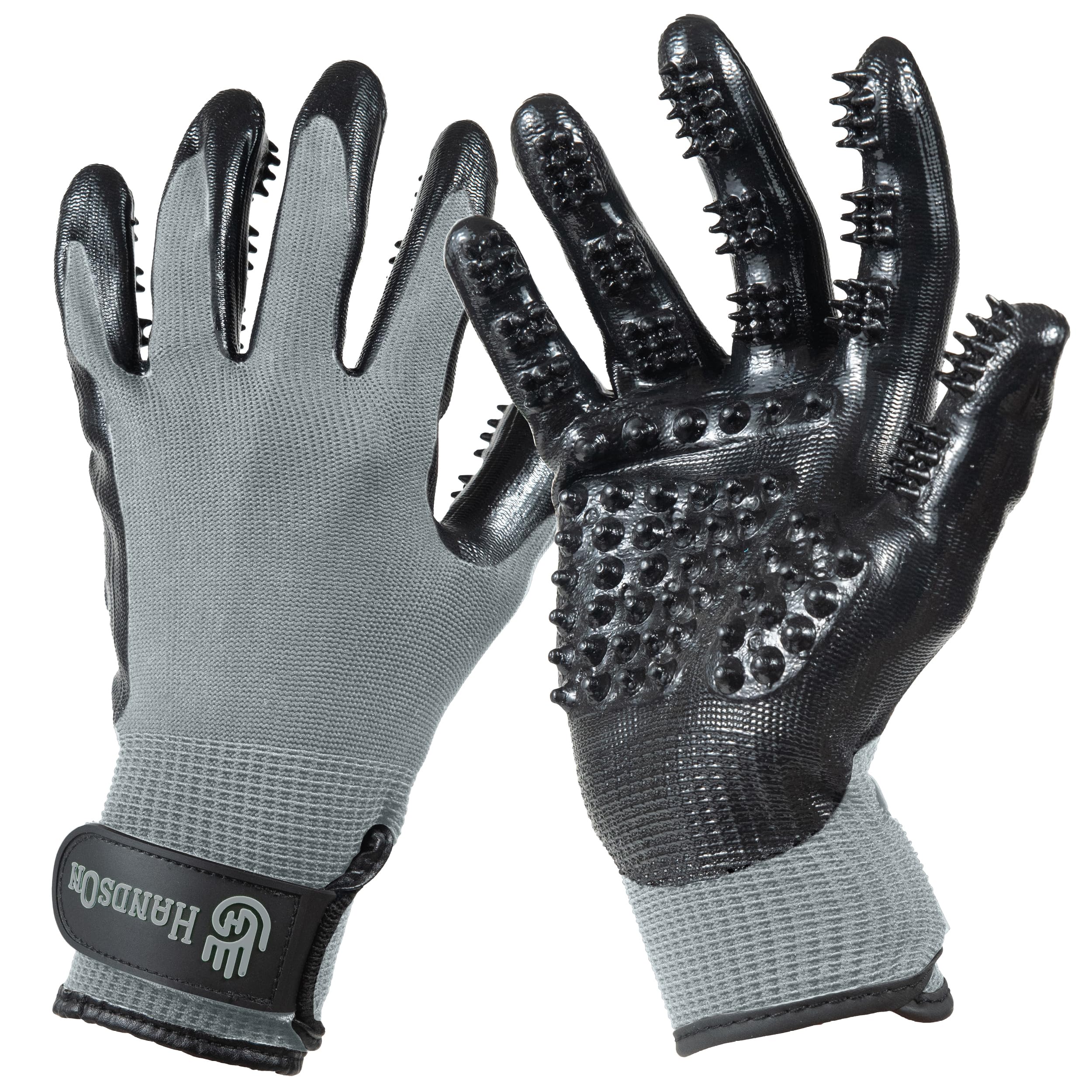 H HANDSON Pet Grooming Gloves - Patented #1 Ranked, Award Winning Shedding, Bathing, & Hair Remover Gloves - Gentle Brush for Cats, Dogs, and Horses (Grey, Small)