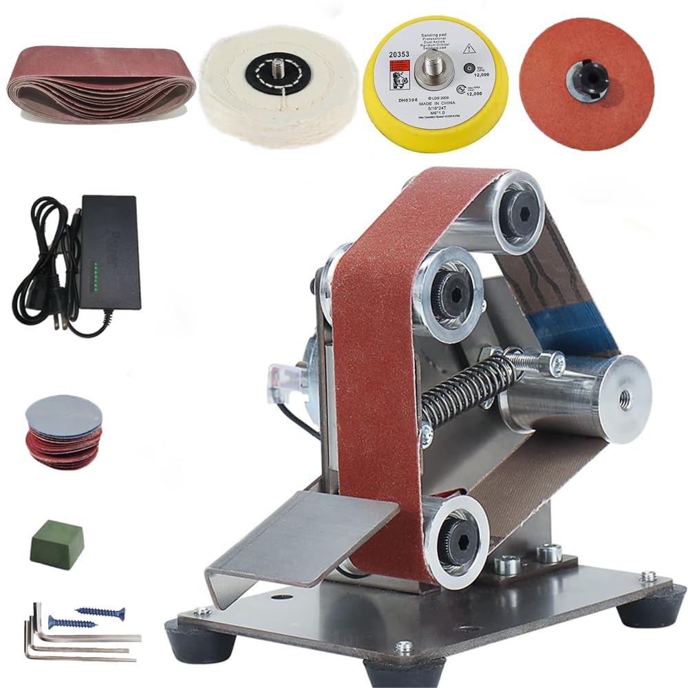 Electric Mini Belt Sander Polishing-Grinding Sharpener, 13 x 1.2inch Power 7 Adjustable Speed Multifunctional Mini Bench Belt Grinder Kit for Metal Knife Wood Polishing