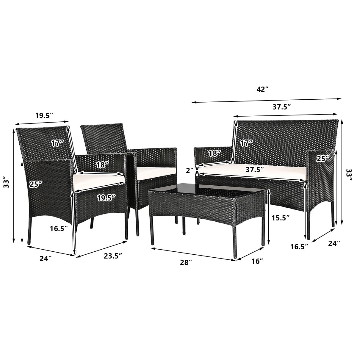 HAPPYGRILL 4PCS Patio Furniture Set Rattan Wicker Conversation Set Outdoor Patio Table Chair Set Wicker Sofas and Coffee Table Set for Garden Lawn Poolside