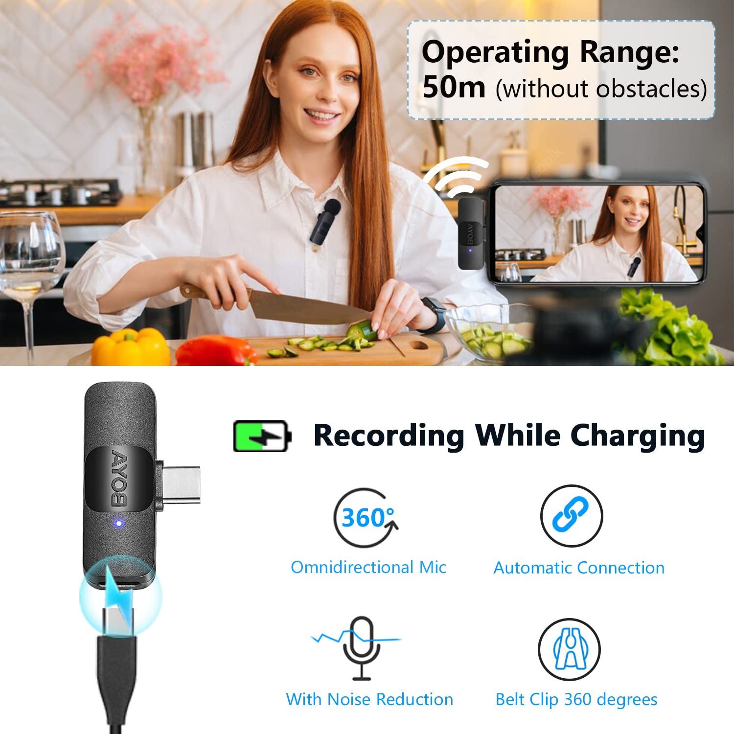 BOYA USB-C Wireless Lavalier Microphone Vlog, BY-V10 Lapel Microphone System, for USB-C Devices, Tablets, iPad, PC Computers, Samsung, Google Pixel, Xiaomi