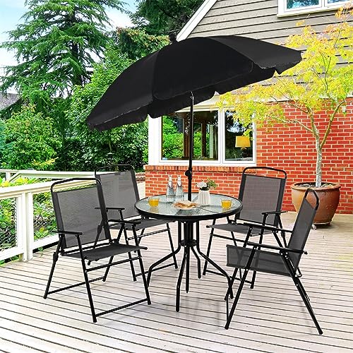 KFJBX 6 PCS Patio Dining Set Folding Chairs Glass Table Tilt Umbrella Garden