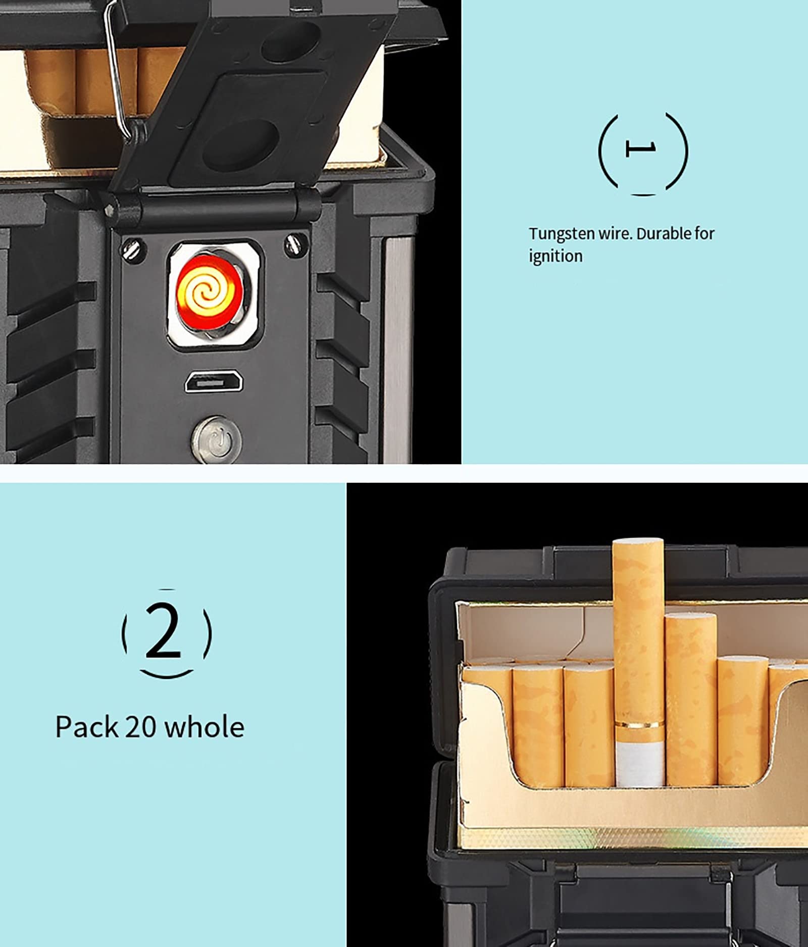 Box for 20 Cigarette Case with Arc Lighter USB Rechargeable, Flameless, Cigarette Case, Windproof,Moisture Proof, Ideal Gift for Smoker