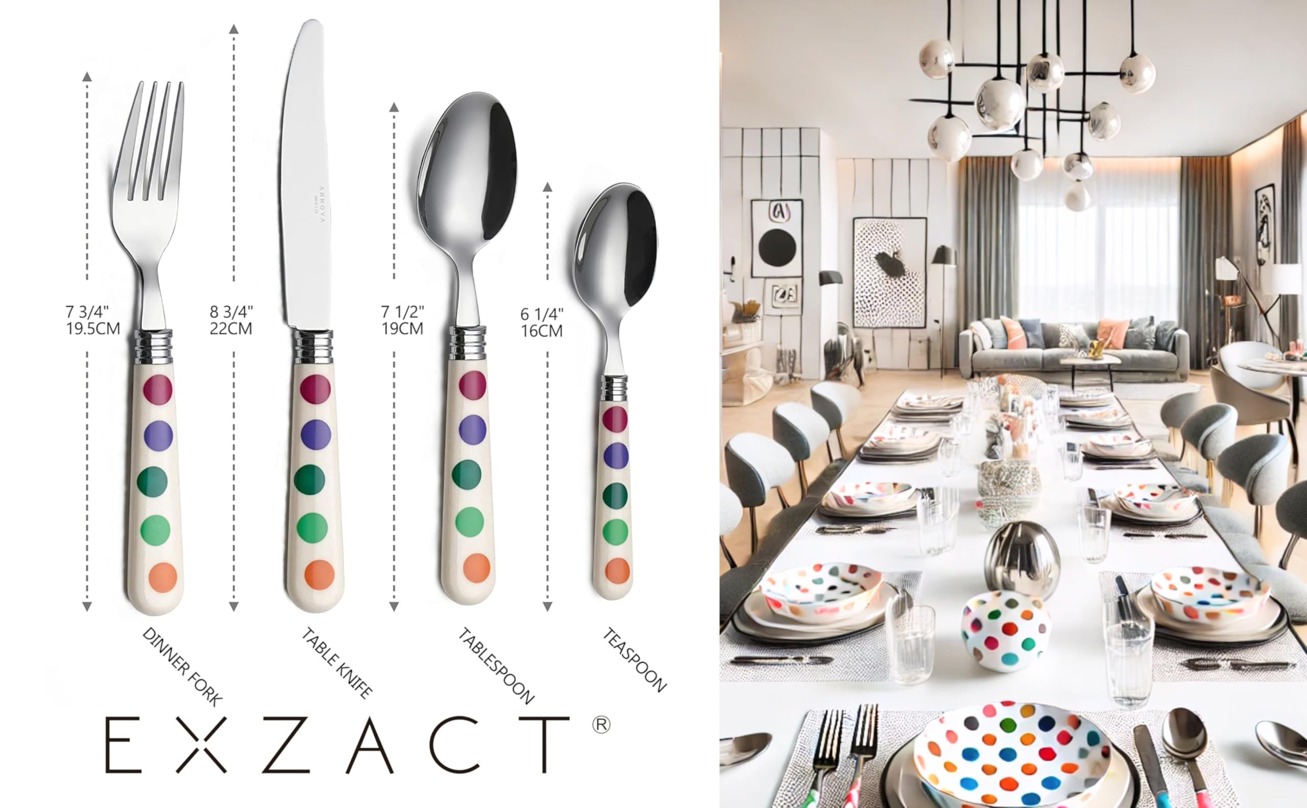 EXZACT Cutlery Set 24 PCS Stainless Steel with Polka Dots Handle - Dinner Knife x 6, Dinner Fork x 6, Table Spoon x 6, Tea Spoon x 6, Service for 6 - Mirror Polished