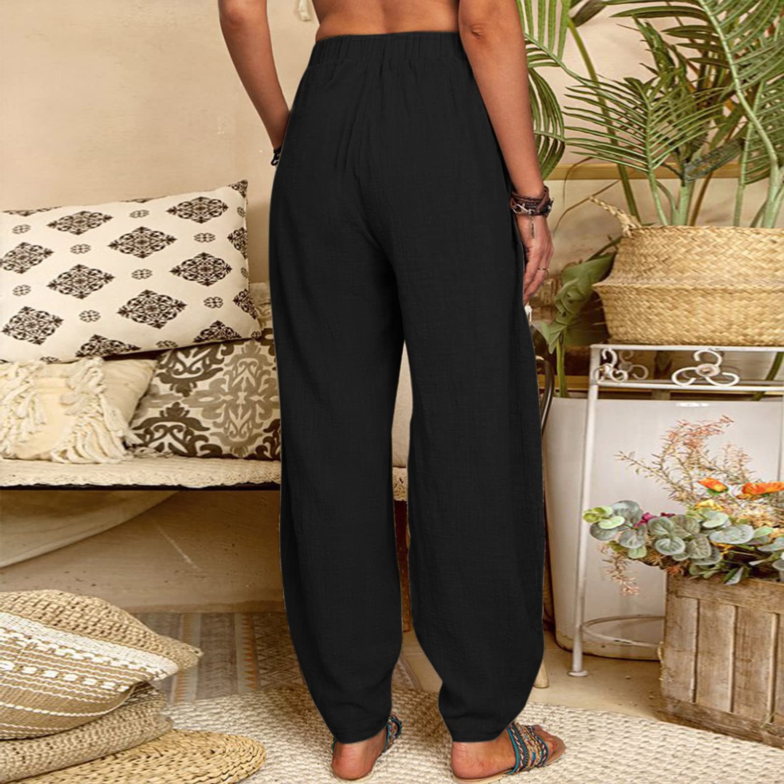 Boho Pants Loose Women's Pants（Chain） Casual Sport Small-Legged Monochromatic Halon Pants Rain Pants D-Black