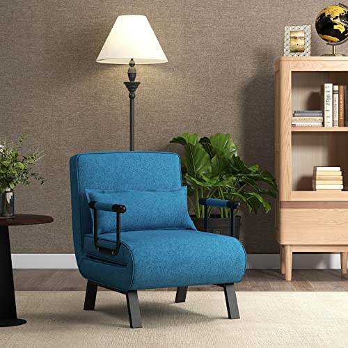 Giantex Convertible Sofa Bed, 4-in-1 Sleeper Chair with Pillow, Modern Recliner Guest Bed with 6 Positions Adjustable Backrest, Metal Legs, Linen Fabric Armchairs for Nursery Living Room Office (Blue)