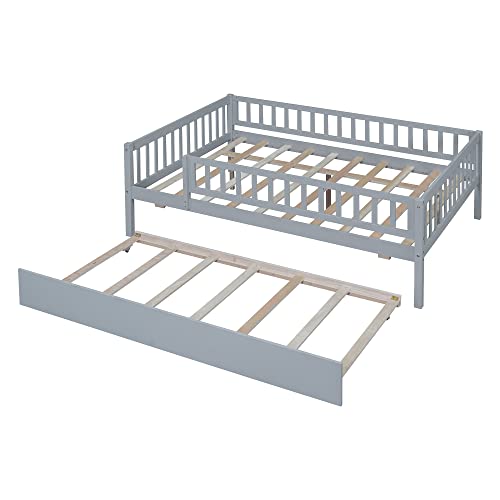 P PURLOVE Full Daybed with Trundle, Daybed Frame with Fence Guardrails, Wood Daybed for Boys, Girls and Young Teens, No Box Spring Needed (Gray)