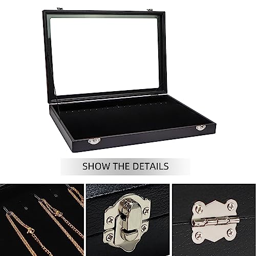 Wudygirl 20 Hooks Necklace Tray Storage Box Jewelry Display Stackable Glass Top Lockable Black Velvet Boxes(Necklace Box)