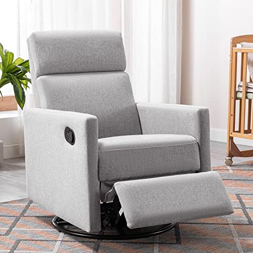 P PURLOVE Modern Upholstered Rocker Chair with Adjustable Backrest and Retractable Footrest, 360° Glider Swivel Recliner Chair, Glider Chair Easy to Assemble and Clean, Gray