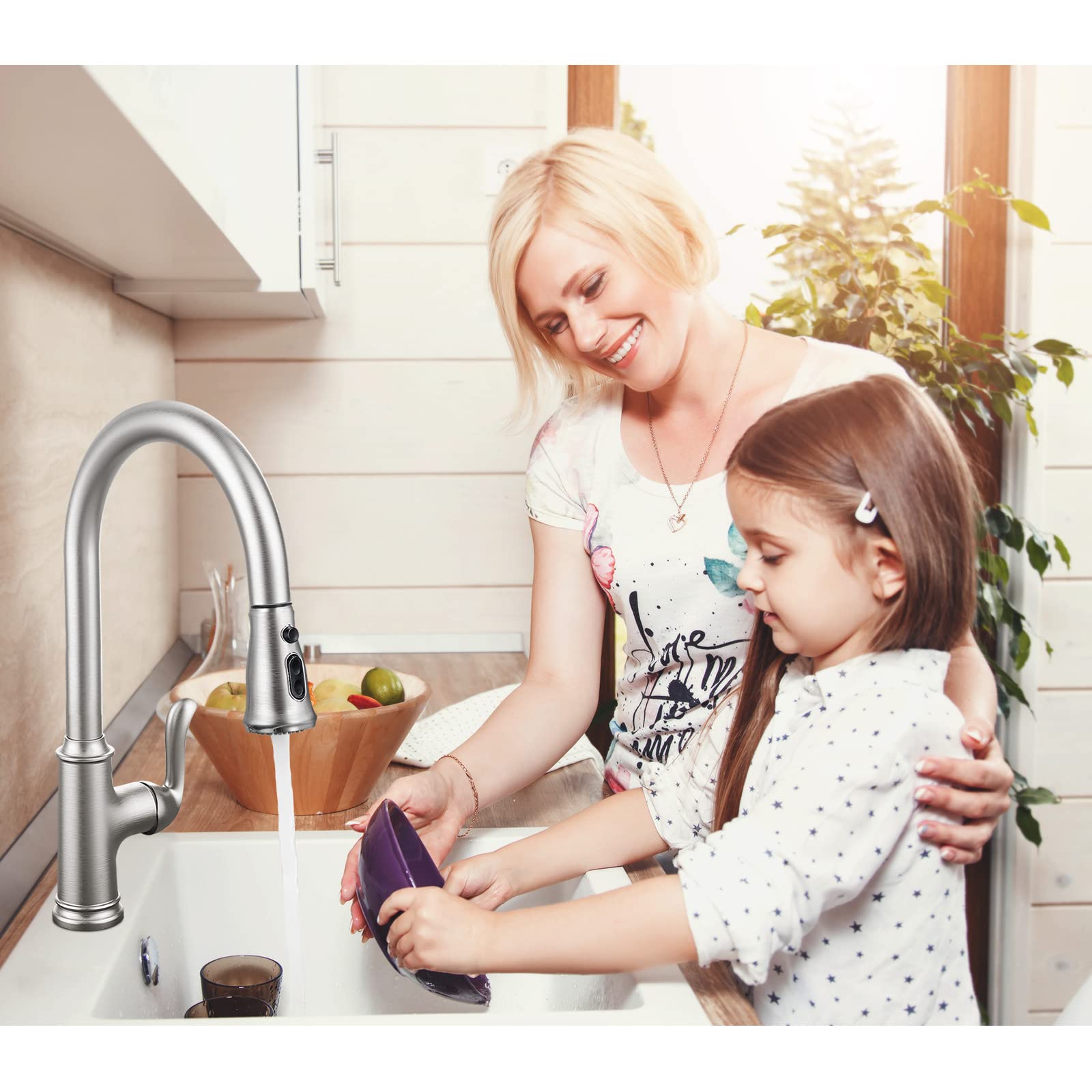 DJS Kitchen Faucet with Pull Down Sprayer, Single Handle Stainless Steel Pull Out Kitchen Sink Faucet, Brushed Nickel DJS-PK-009N-DP