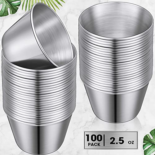 Potchen 100 Packs 2.5 oz Condiment Sauce Cups Stainless Steel Dipping Sauce Cups Reusable Condiment Dishes Individual Round Condiments for Condiments Vinegar Butter Ice Cubes Nuts Ketchup Honey