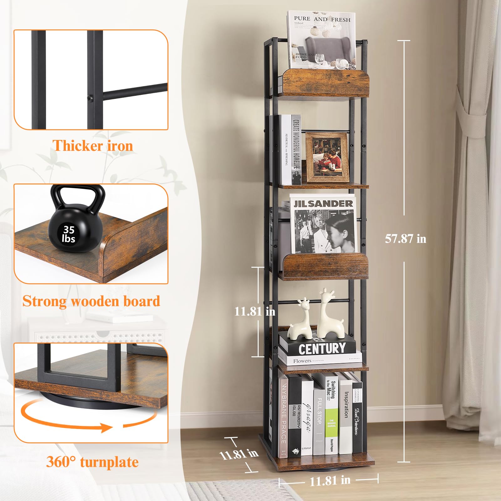Bikoney Bookshelves 5-Tier, Rotating Bookshelf Tower for Corner, Small Bookcase, Tall Industrial Bookshelf, Narrow Bookshelf, Wood and Metal Black