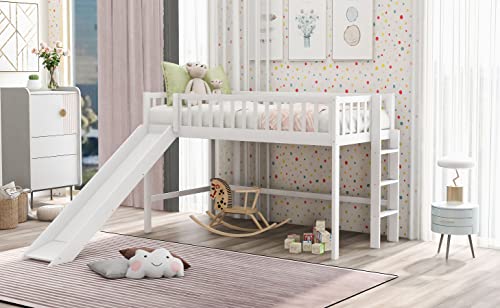 Harper & Bright Designs Twin Size Low Loft Bed Frame with Ladder and Slide for Kids,White