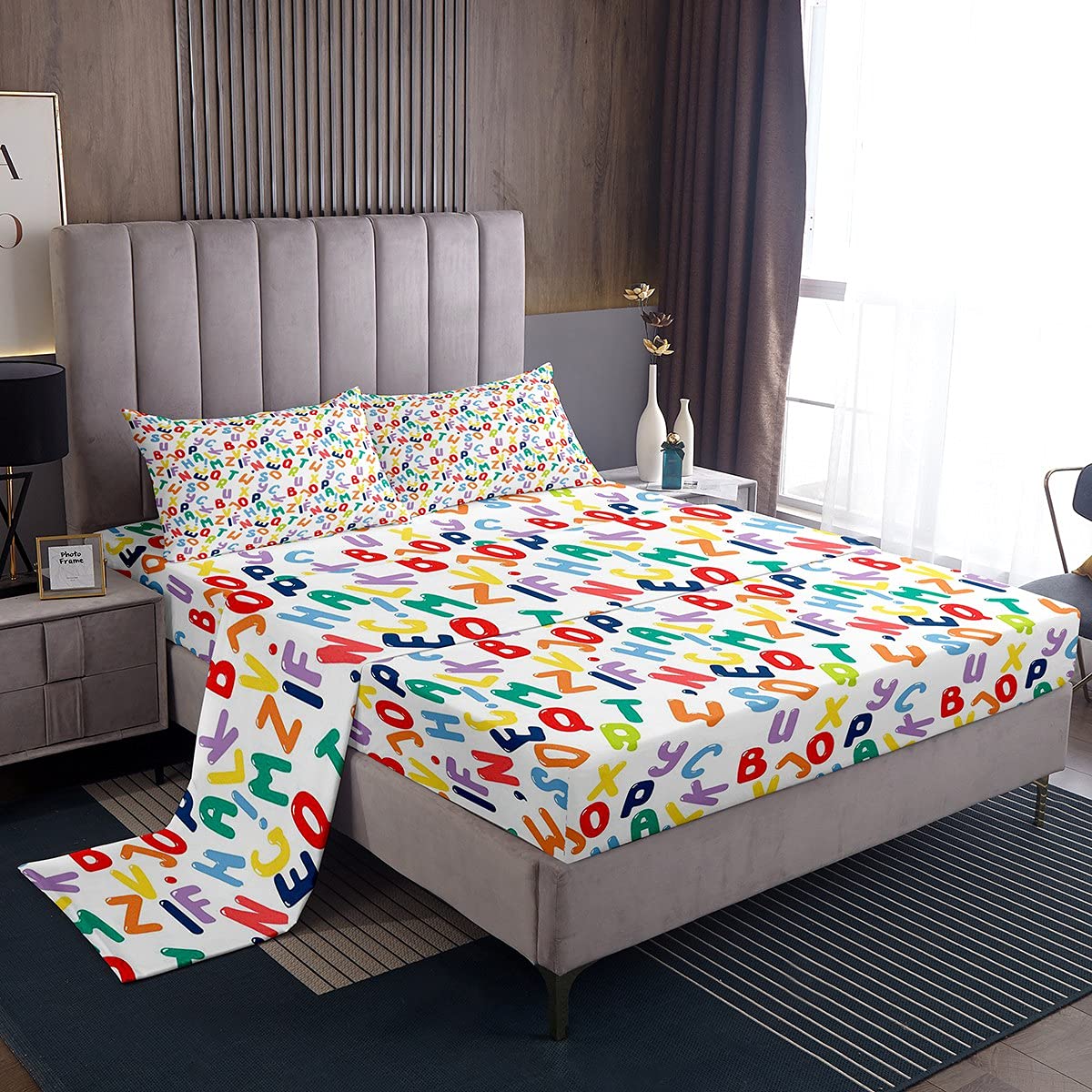 Feelyou 3D Alphabet Bed Set Colorful English Alphabet Sheet Set for Kids Boys Adults Cartoon Bed Sheets Learning 26 Letters Decor Sheets Bedroom Collection 3Pcs Twin Size