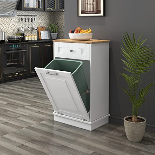 Goodyo Tilt Out Trash Bin Cabinet Kitchen Trash Can Wooden,Oak Top, White Free Standing w/Drawer
