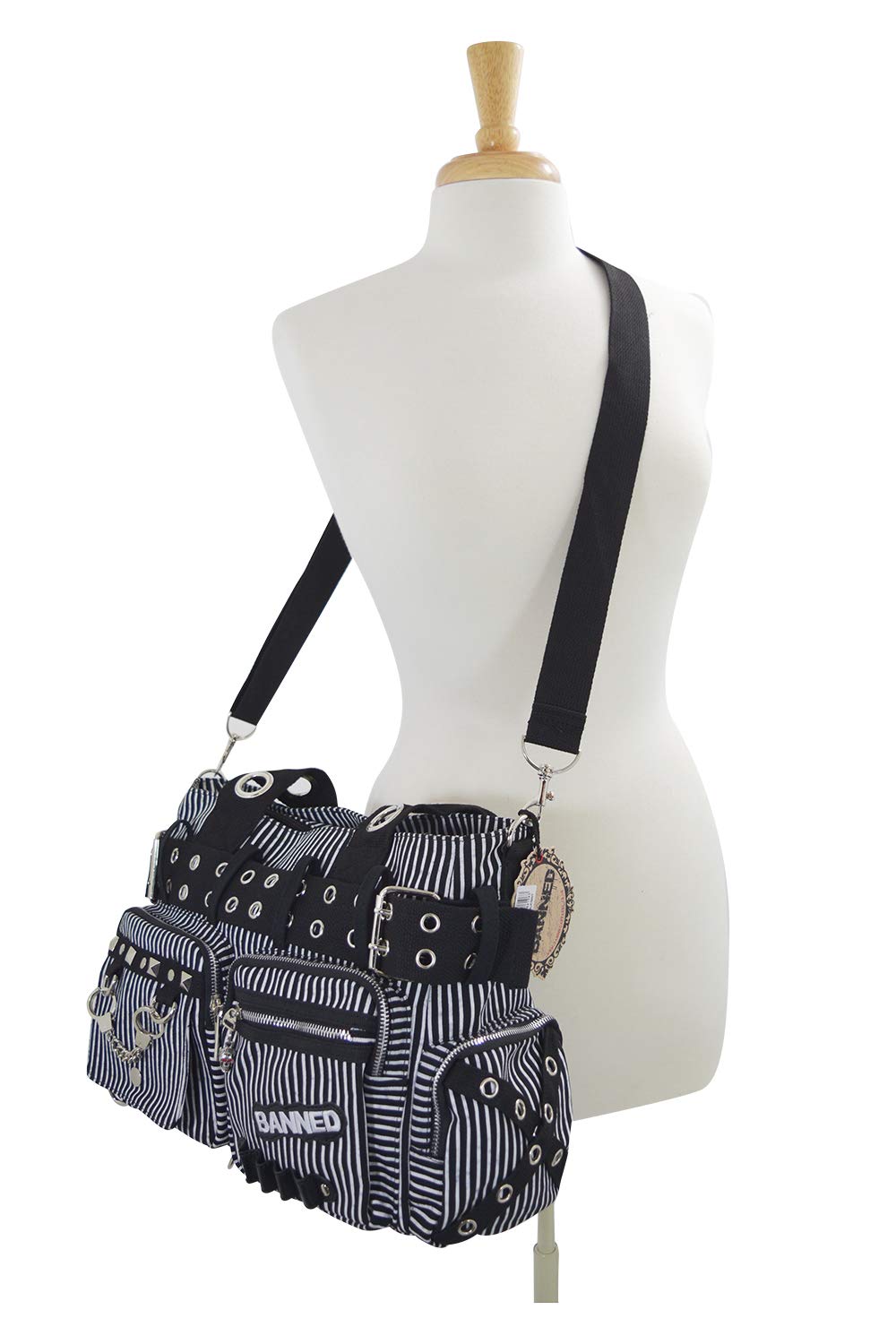 Lost Queen Striped Punk Rock Steampunk Purse with Handcuff Skull Charm (White), Medium