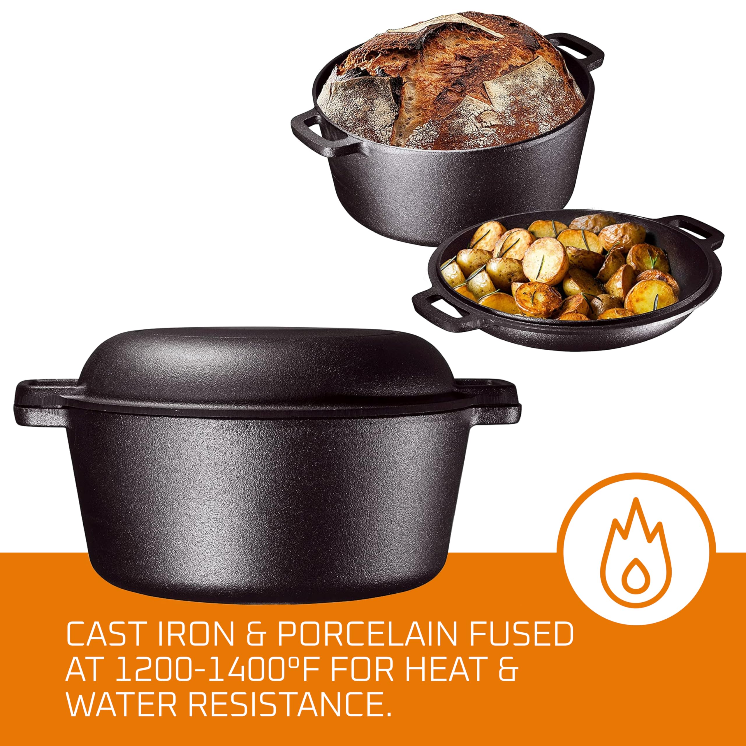 Bruntmor 2-in-1, 5 Quart Enamel Cast Iron Dutch Ovens With Handles, 5 Qt Red Cast Iron Skillet, Enameled All-in-One Cookware Braising Pan For Casserole Dish, Crock Pot Covered With Cast Iron