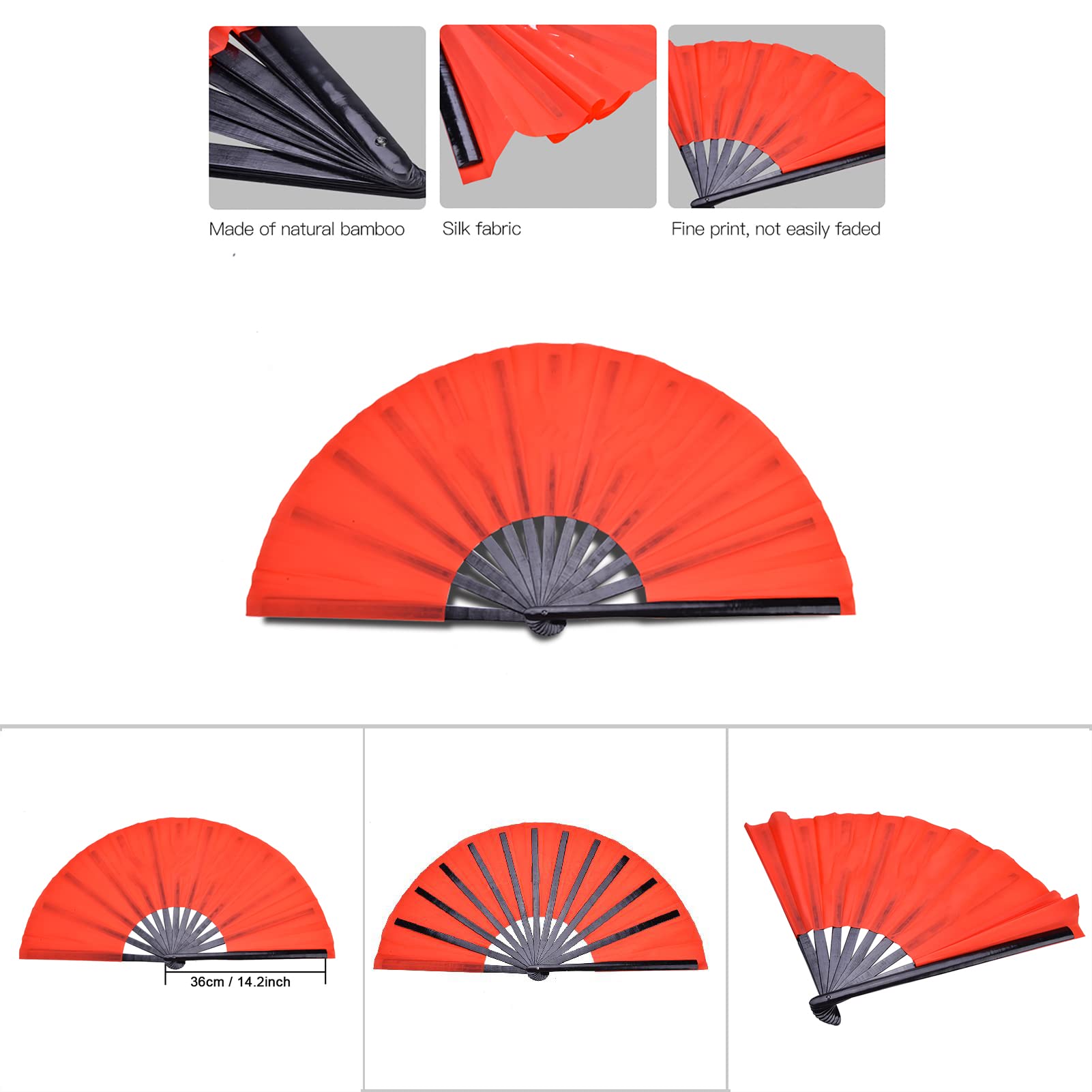 ciciglow Chinese Fan, Folding Fan, Smooth Handheld Tai Chi Training for Dance Performance(Black Club red face)