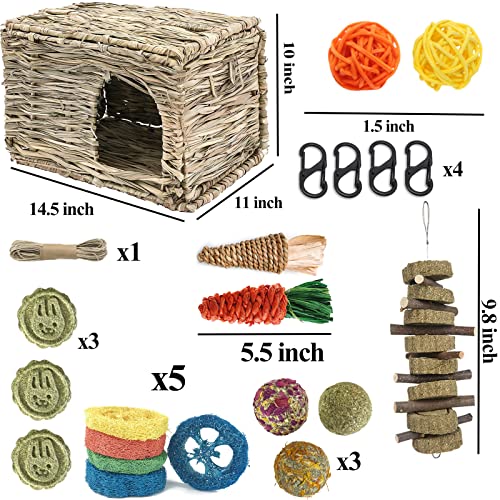Extra Large House for Rabbits, Hand Crafted Natural Grass Bed Hideaway Hut with Chew Toys for Play Sleep Bunny Guinea Pig Chinchilla Ferret