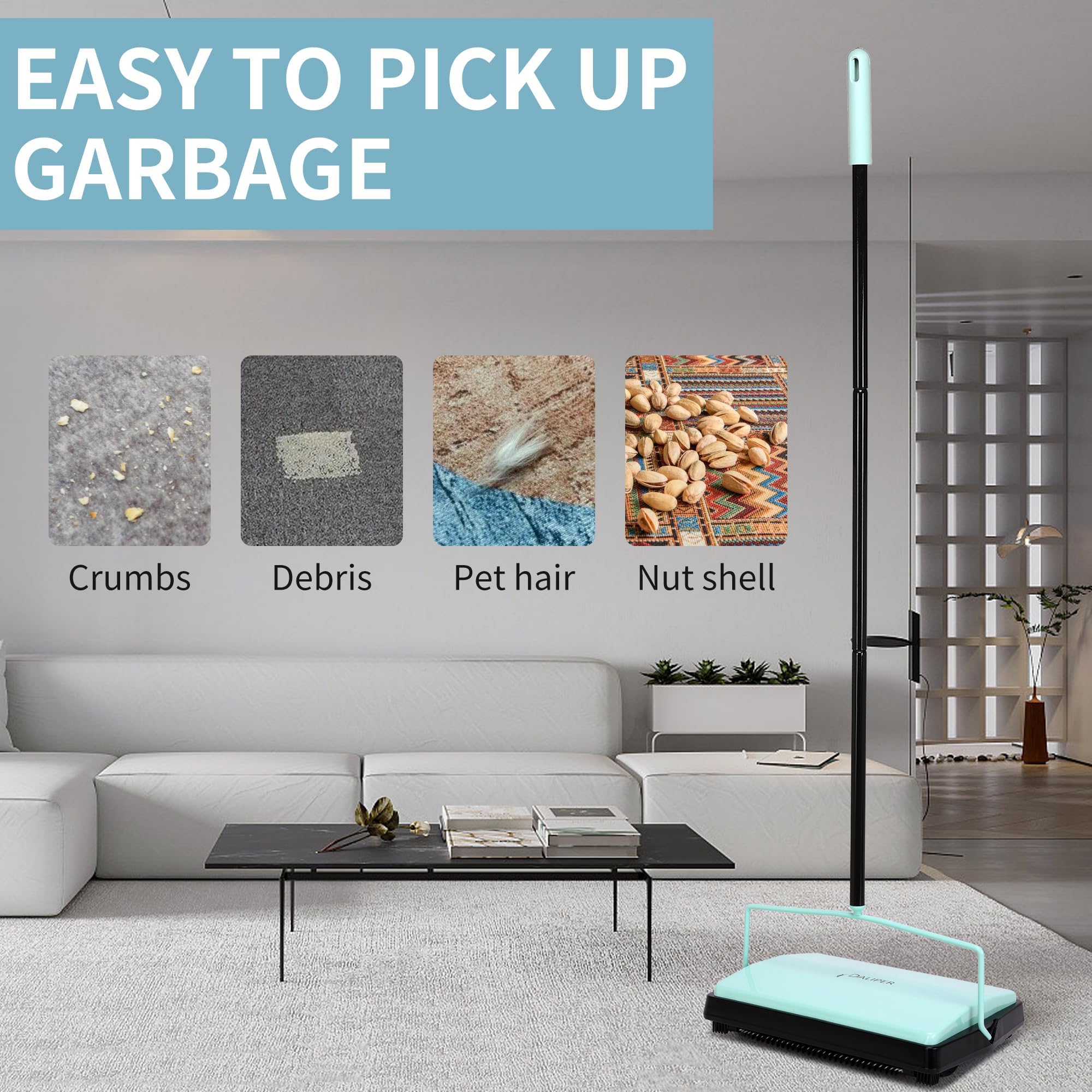 DALIPER Carpet Sweeper Broom Non Electric with Horsehair Roller, Electrostatic Floor Brush Manual Push for Cleaning Pet Hair, Loose Debris, Lint on Rug (Avocado Green)