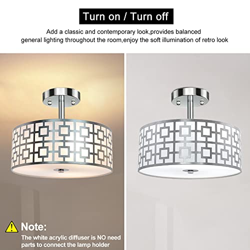 DLLT Semi Flush Mount Ceiling Light, 3-Light Modern Entry Light Fixture Ceiling Hanging with Drum Shade for Bedroom, Dining Room, Kitchen, Hallway, Entry, Living Room, Brushed Chrome Finish