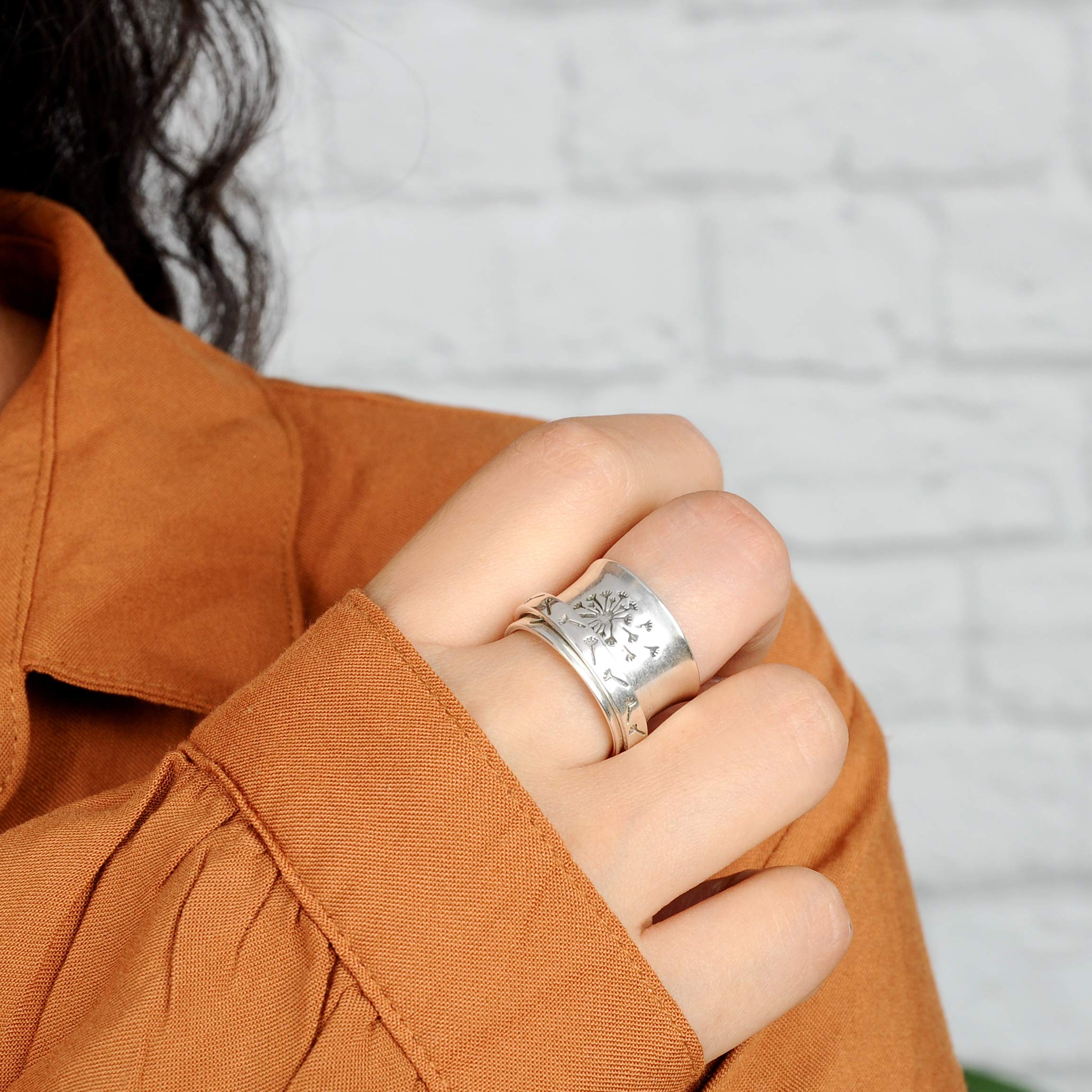 Boho-Magic 925 Sterling Silver Spinner Ring for Women Dandelion Flower Fidget Anxiety Relief Wide Band